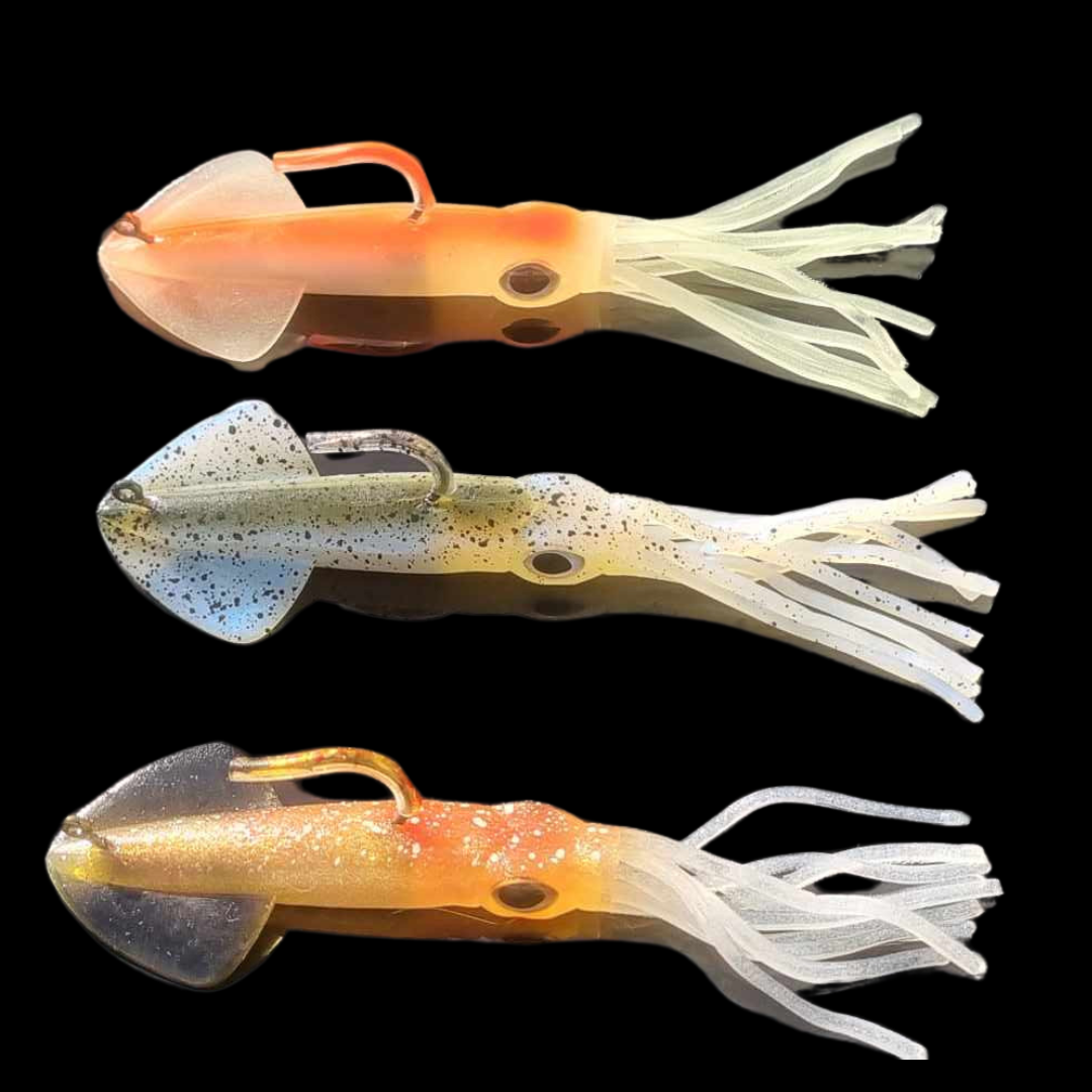 Snapper Lollies- 3 Pack- Soft Plastic Lumo Squid 140mm 35g 7/0 – SLOW ...