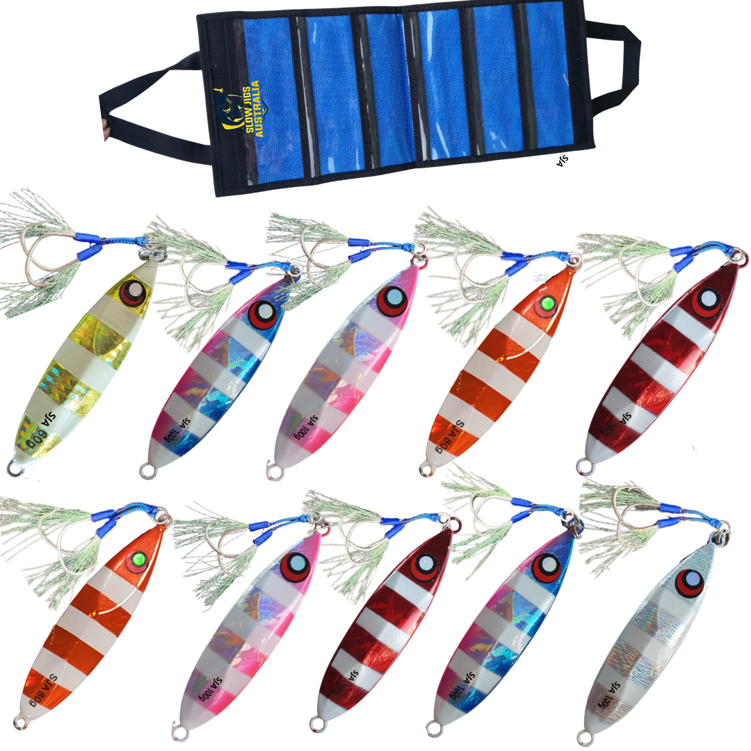 Flat Fall Jigs 10 Pack Rigged. 5 Sizes 40g-120g & SJA Custom Jig bag ...